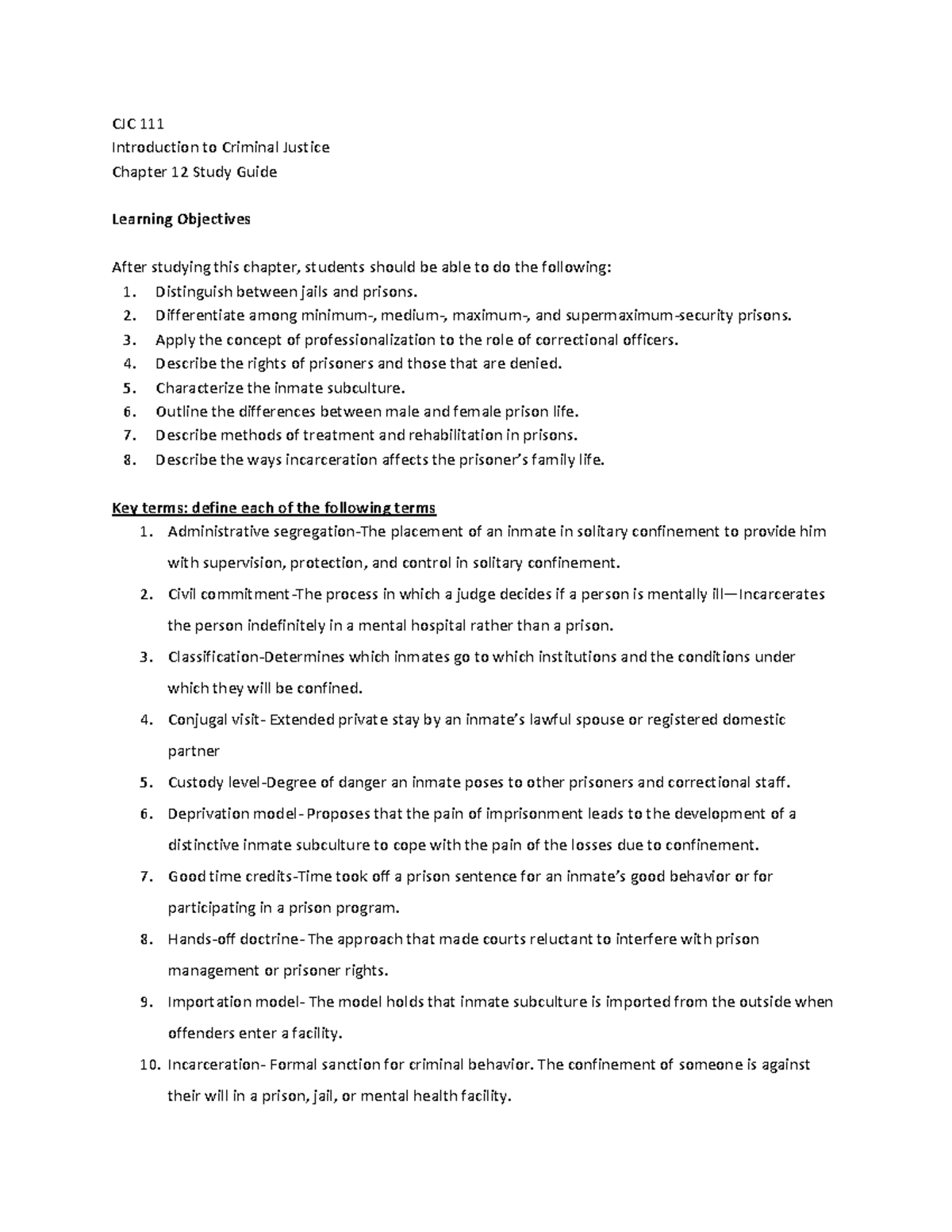 CJC 111 Chapter 12 Study Guide - CJC 111 Introduction to Criminal Justice Chapter 12 Study Guide ...