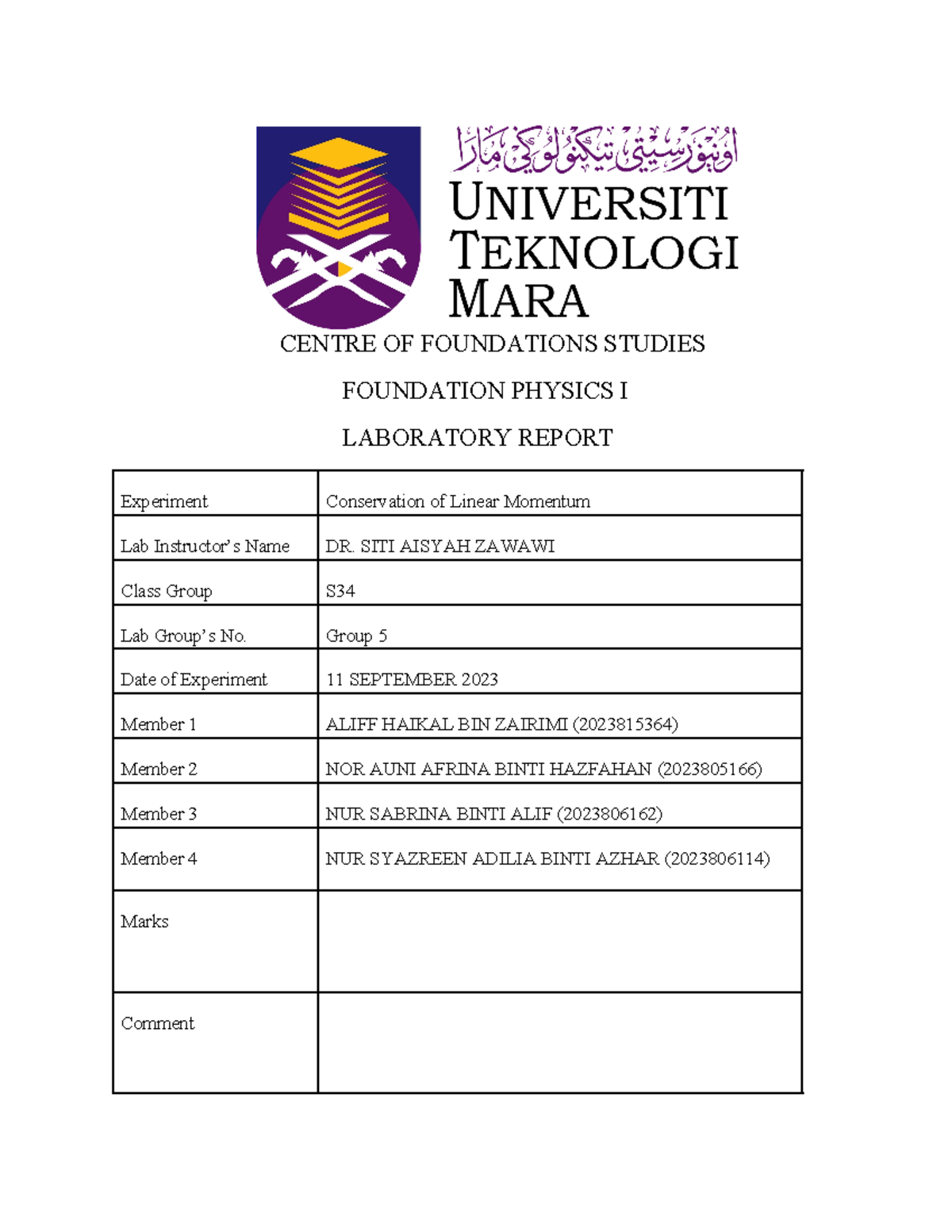 PHY EXP4- Conservation of Linear Momentum - CENTRE OF FOUNDATIONS STUDIES FOUNDATION PHYSICS I ...