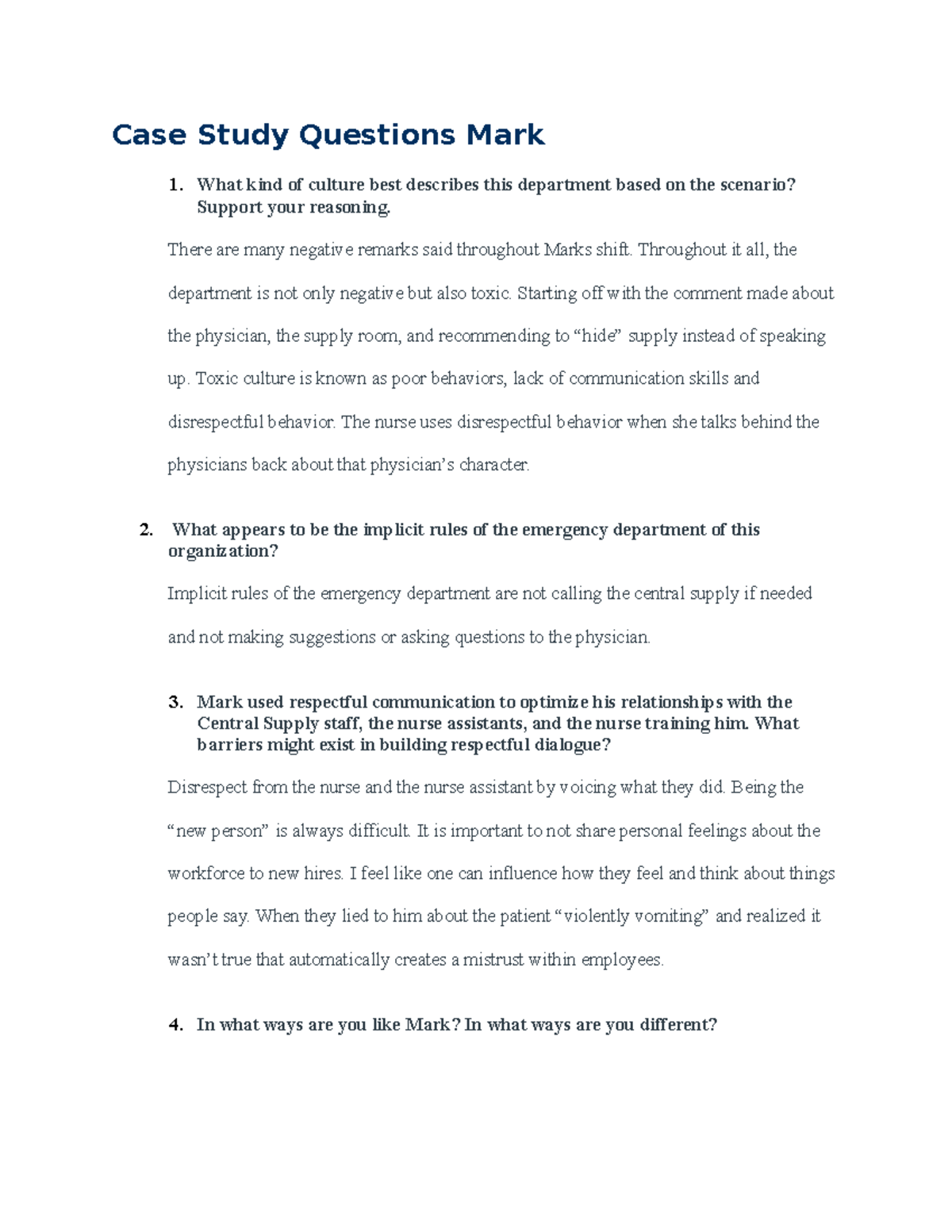 Case Study Mark - assignment - Case Study Questions Mark What kind of culture best describes ...