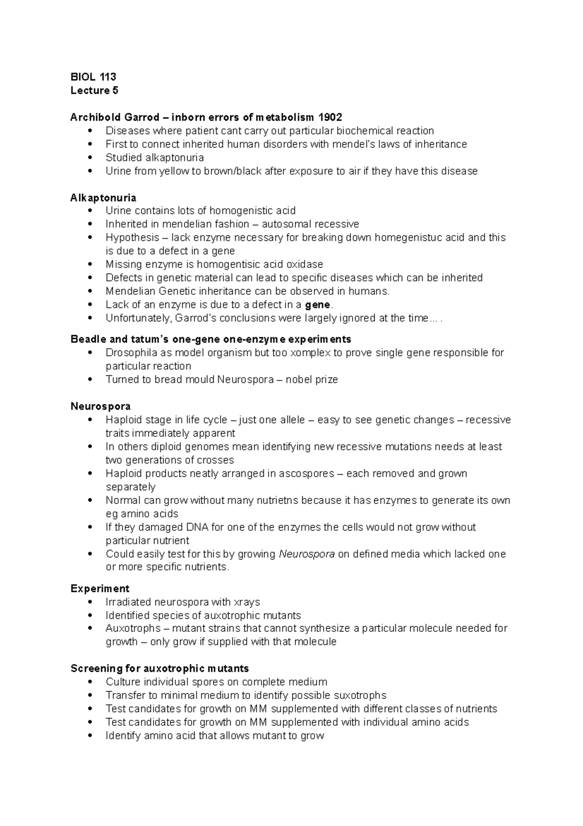 Lecture 5 - BIOL 113 Lecture 5 Archibold Garrod – inborn errors of ...