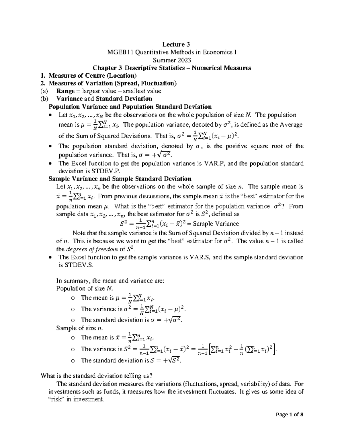 2023-05-26 Lecture 3 -Notes MGEB11 - Lecture 3 MGEB11 Quantitative ...