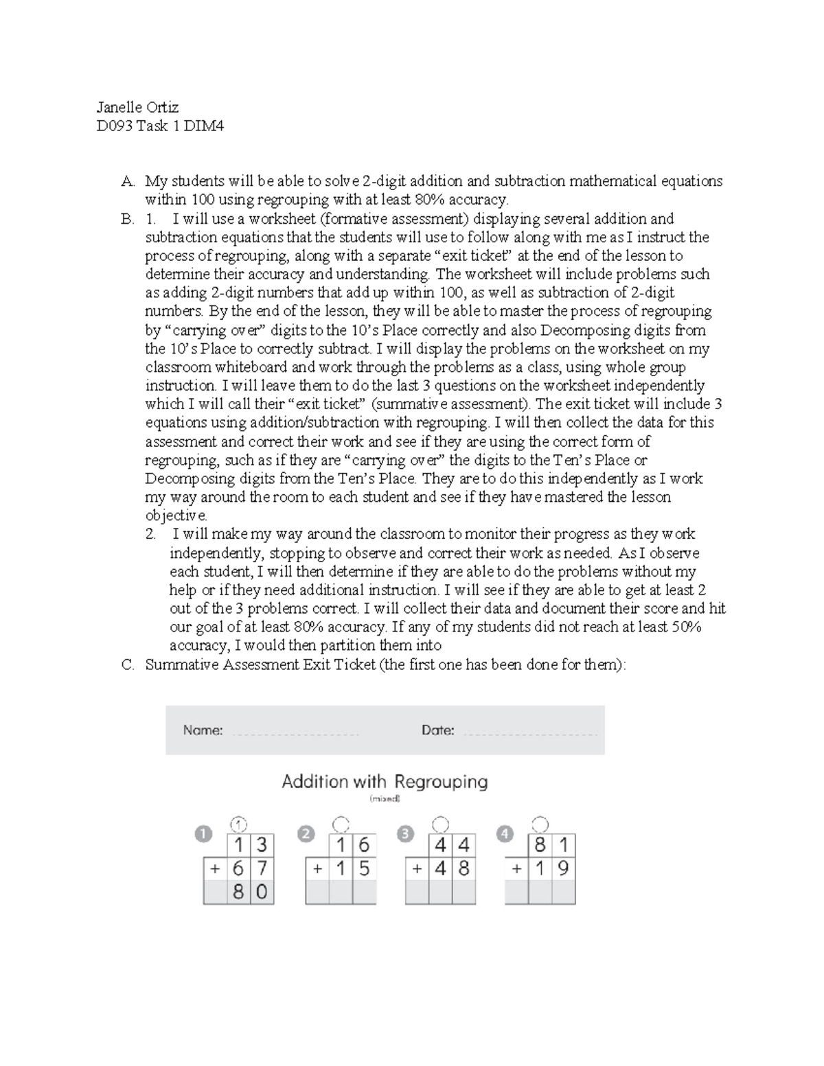 D093 - DIM4 Task 1 - (Assessing Impact on Student Learning) - Janelle Ortiz D093 Task 1 DIM A ...