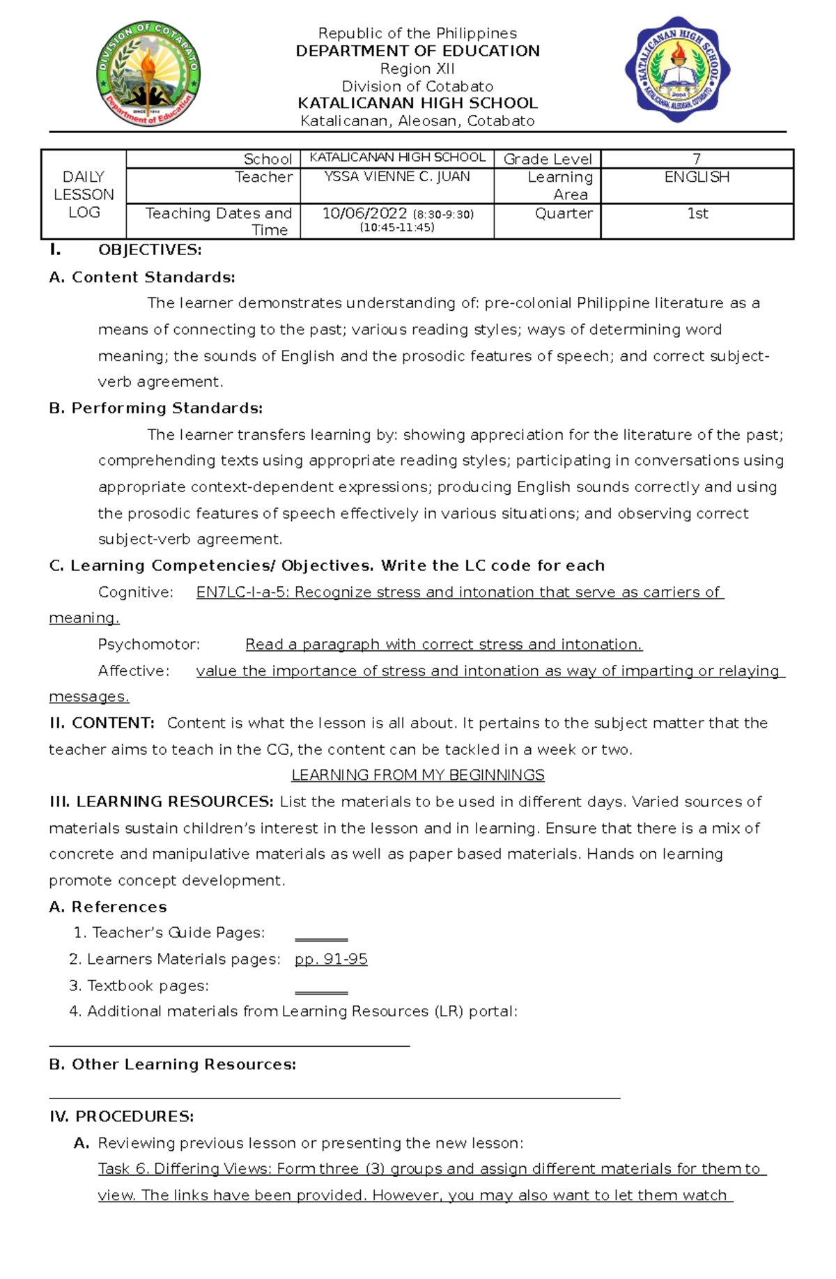 Oct 6 - DLL Sample - Republic of the Philippines DEPARTMENT OF ...