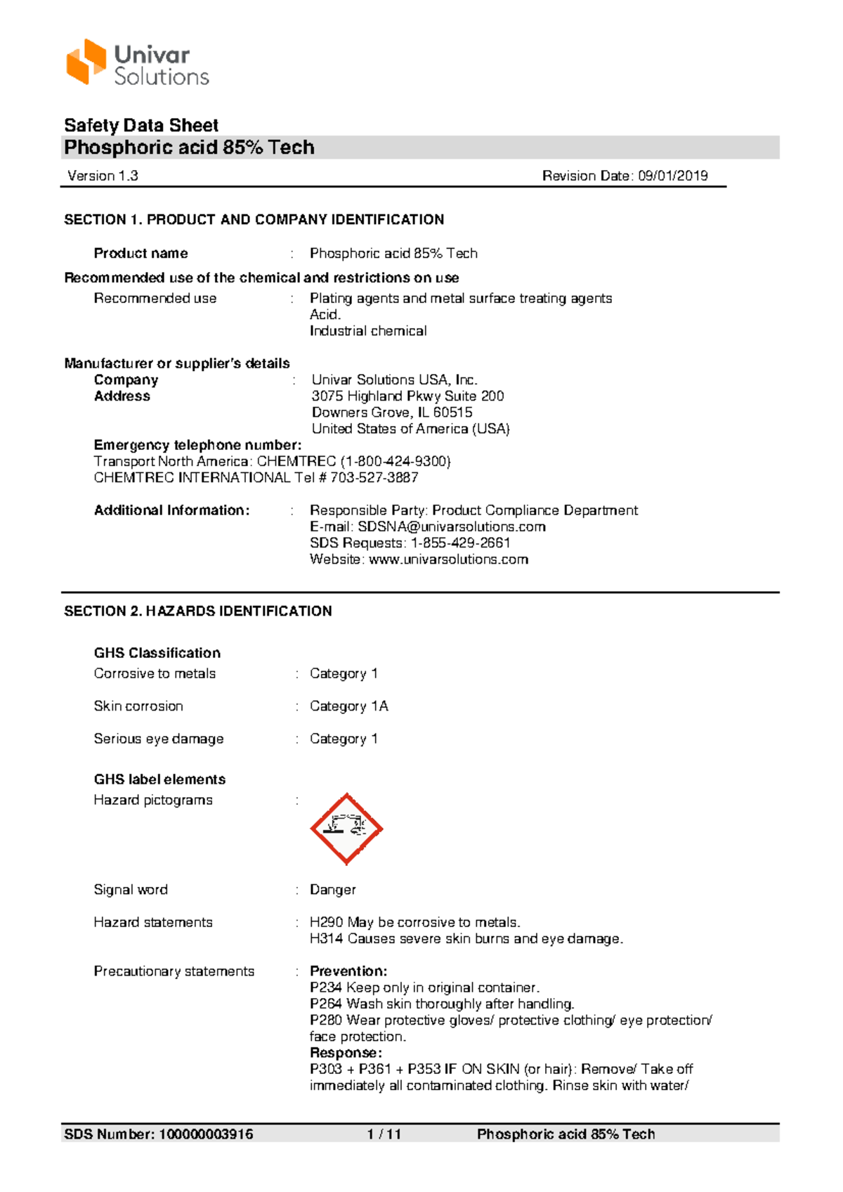 Sds file-104820 - sgsgsgs - Phosphoric acid 85% Tech Version 1. 3 ...