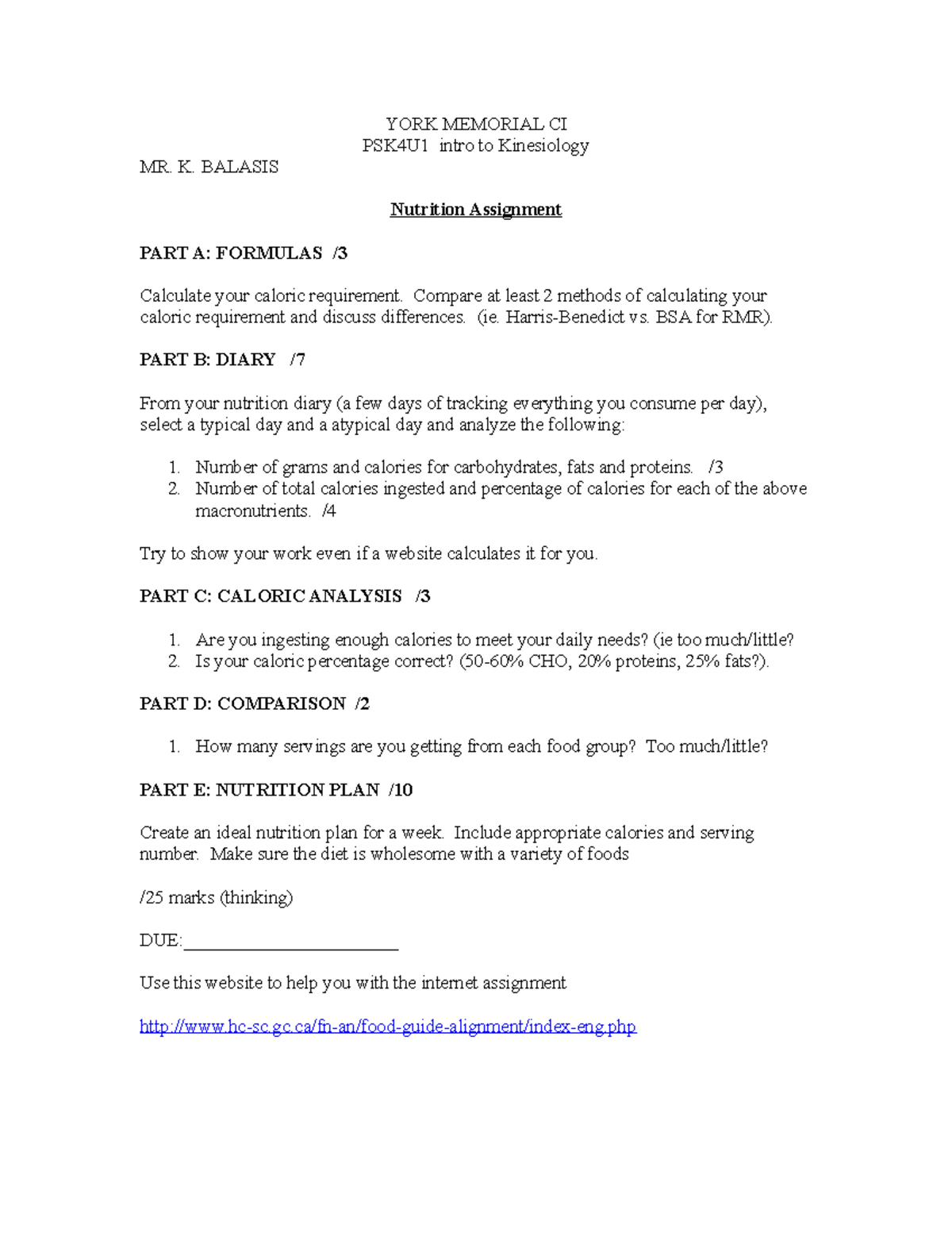 Nutrition Assignment - YORK MEMORIAL CI PSK4U1 intro to Kinesiology MR ...