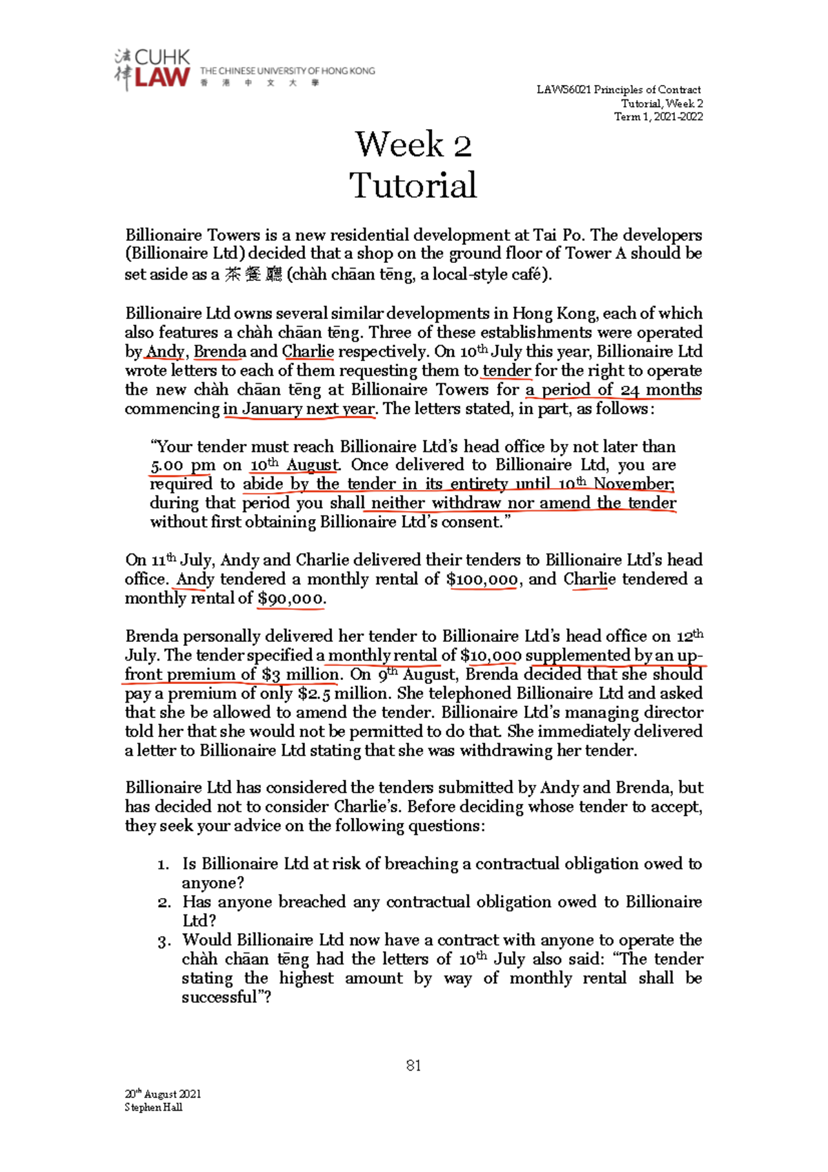 Week 2 Tutorial Question - LAWS6021 Principles of Contract Tutorial, Week 2 Term 1, 2021- 2022 ...