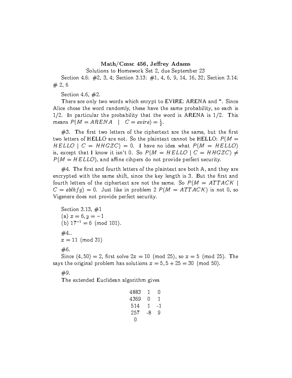 Hw2 - Math/Cmsc 456, Jeffrey Adams Solutions to Homework Set 2, due ...