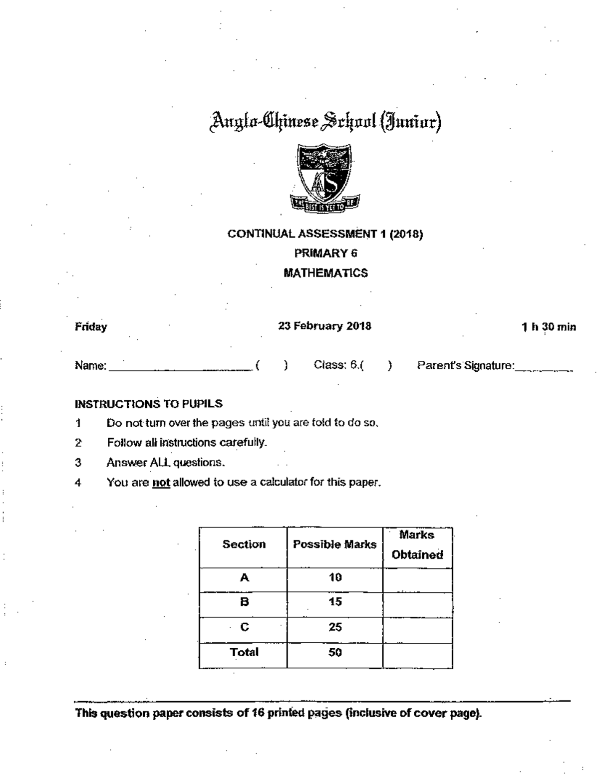 P6 Maths CA1 2018 ACS Exam Papers mathematics - CM9102 - Studocu