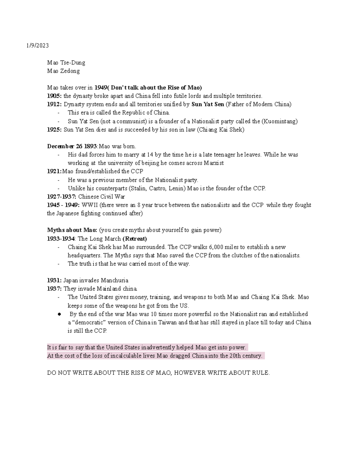 Topics Mao Notes - 1/9/ Mao Tse-Dung Mao Zedong Mao takes over in 1949 ...