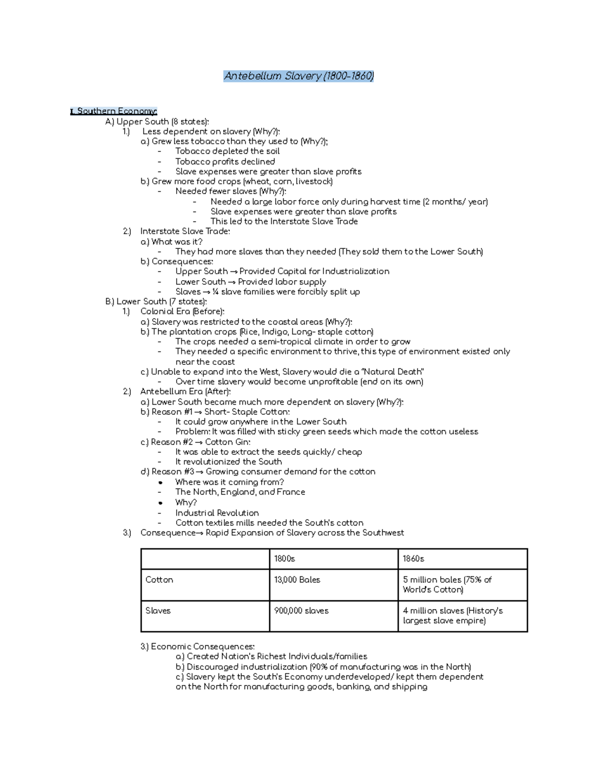 History notes - Antebellum Slavery (1800-1860) I. Southern Economy: A ...