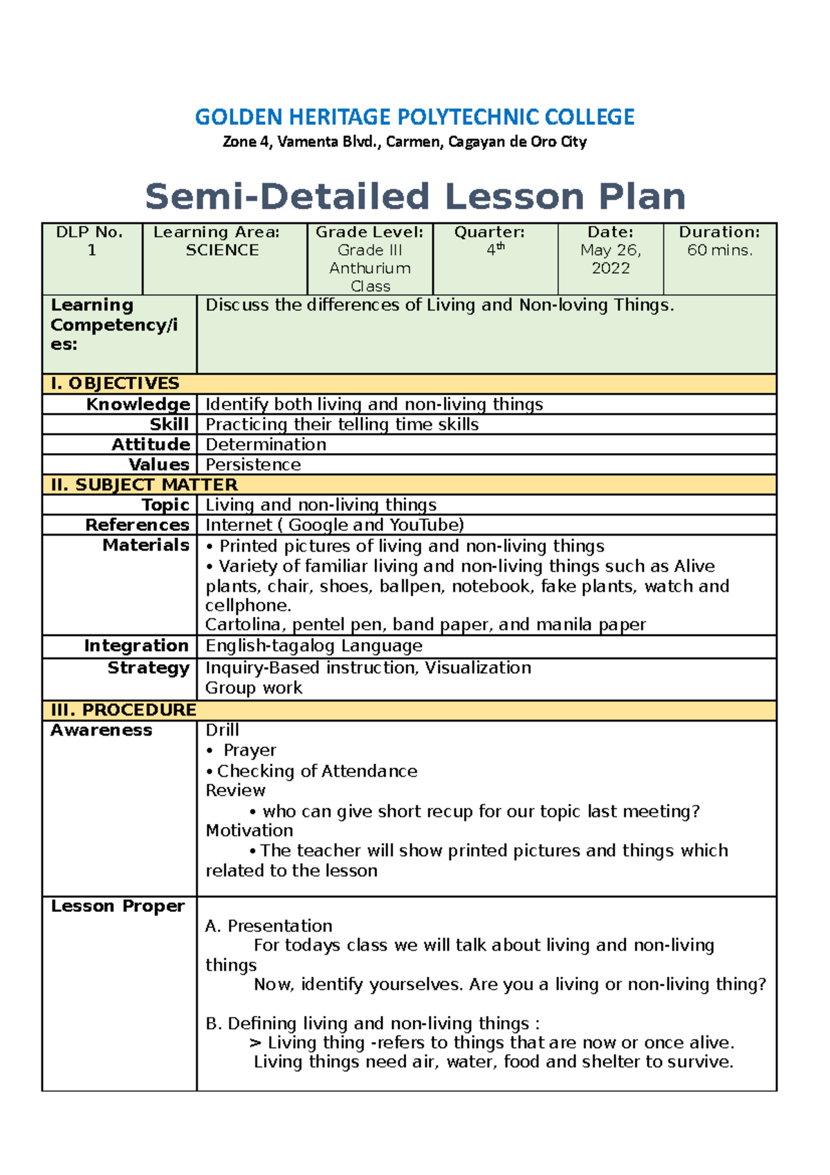 LP COT1Math Telling time - GOLDEN HERITAGE POLYTECHNIC COLLEGE Zone 4 ...