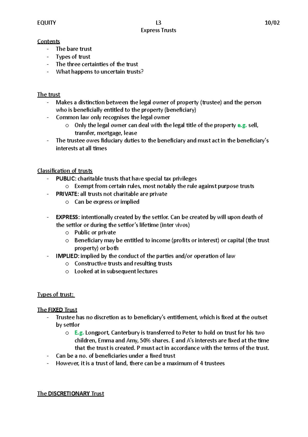 Equity L3 - Lecture notes 3 - Express Trusts Contents - The bare trust ...