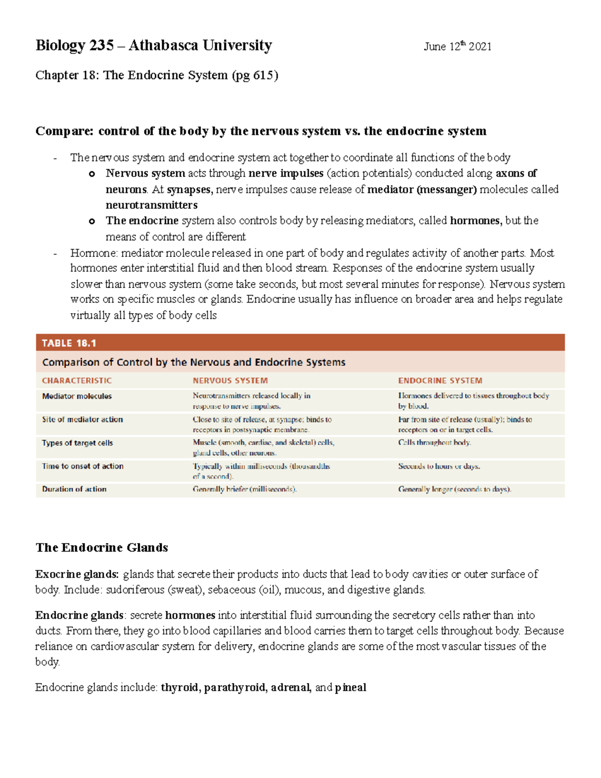 Notes Chapter 18 The Endocrine System - Biology 235 – Athabasca ...