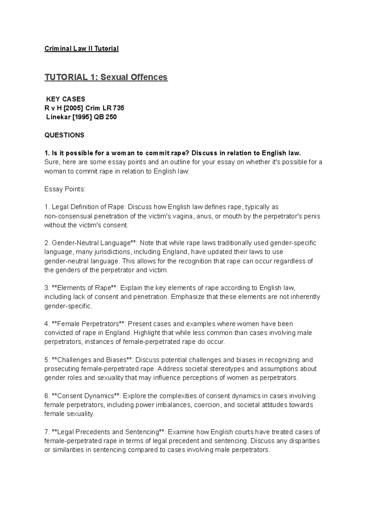 Criminal II Tuto - tutorial - Criminal Law II Tutorial TUTORIAL 1 ...