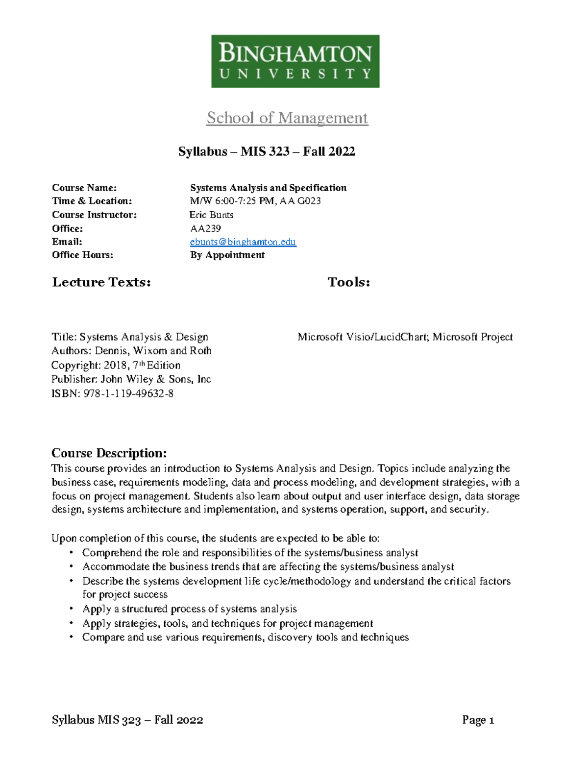 Syllabus MIS 323 - School of Management Syllabus – MIS 323 – Fall 2022 ...