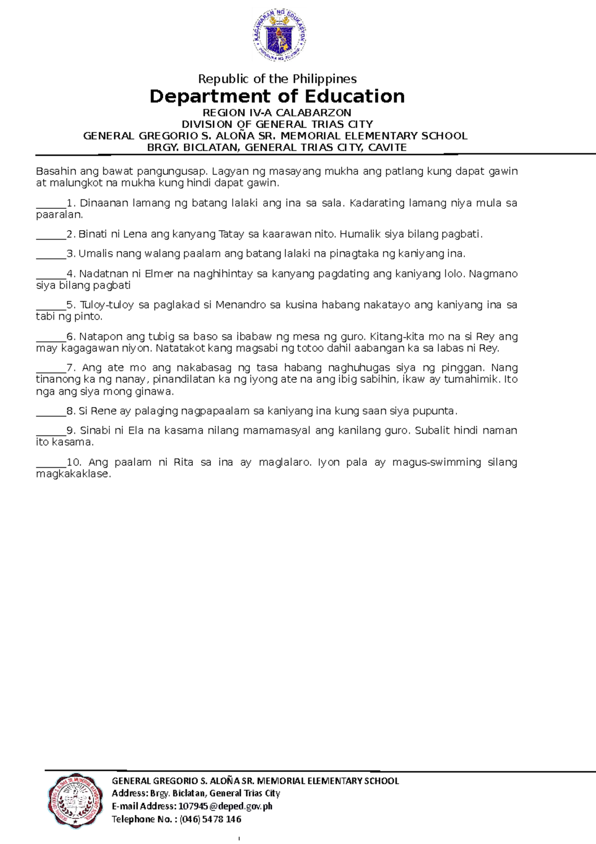 ESP-POST-TEST - Quarter 1 - division@deped.gov h (046) 509- (046) 431 ...