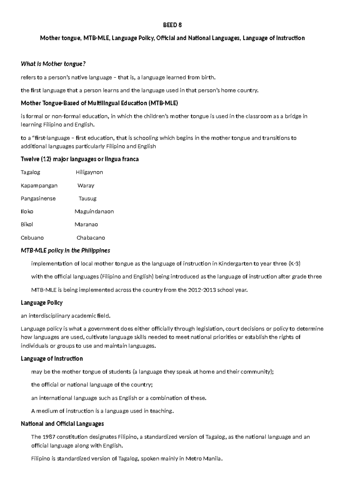 BEED 8 - none - BEED 8 Mother tongue, MTB-MLE, Language Policy ...