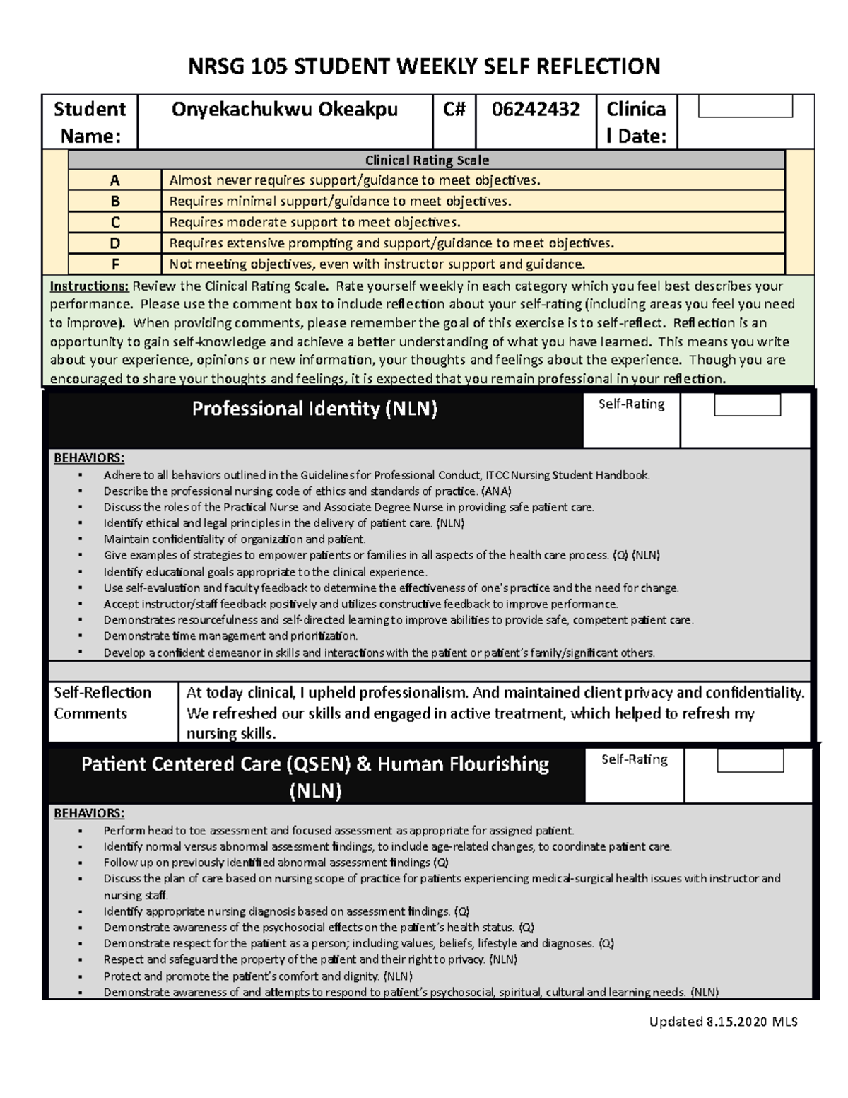 Clinical Reflection 7 - Dr. Olga Matyash - NRSG 105 STUDENT WEEKLY SELF ...