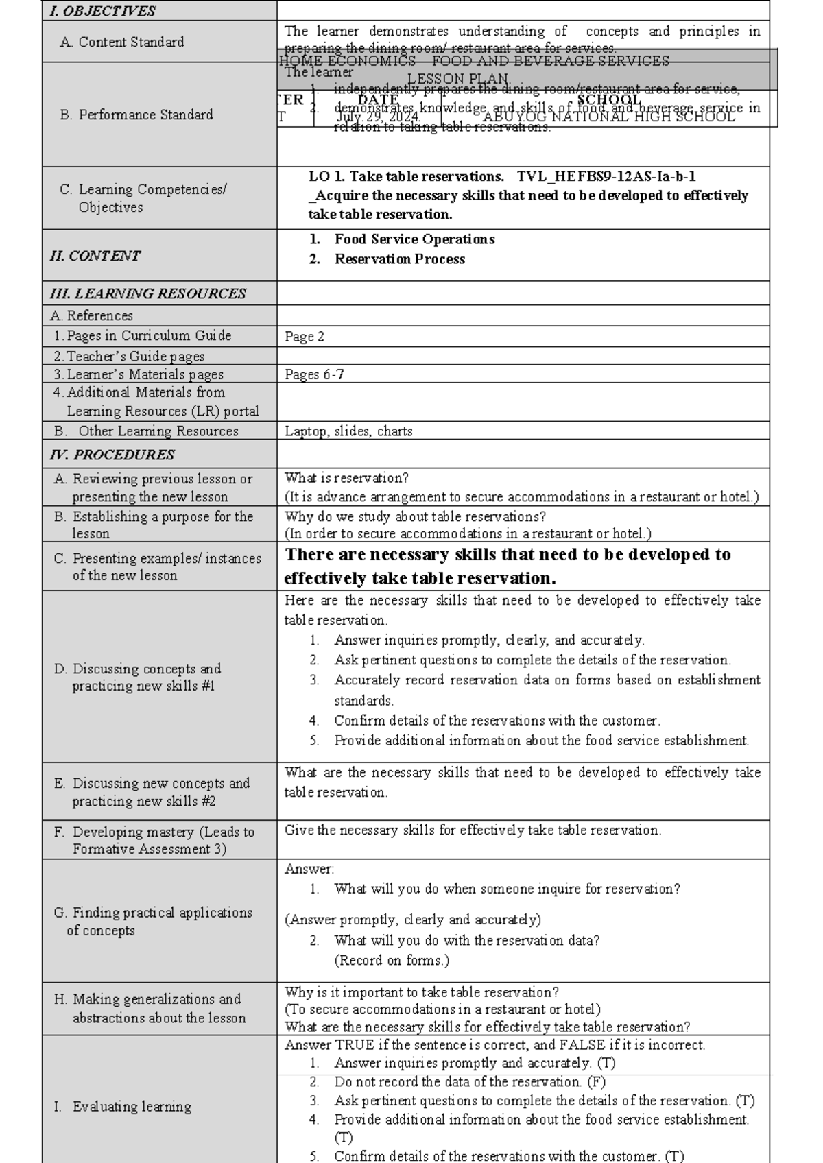 FBS-Q1-LO1 - food and beverage services - TVL HOME ECONOMICS – FOOD AND ...
