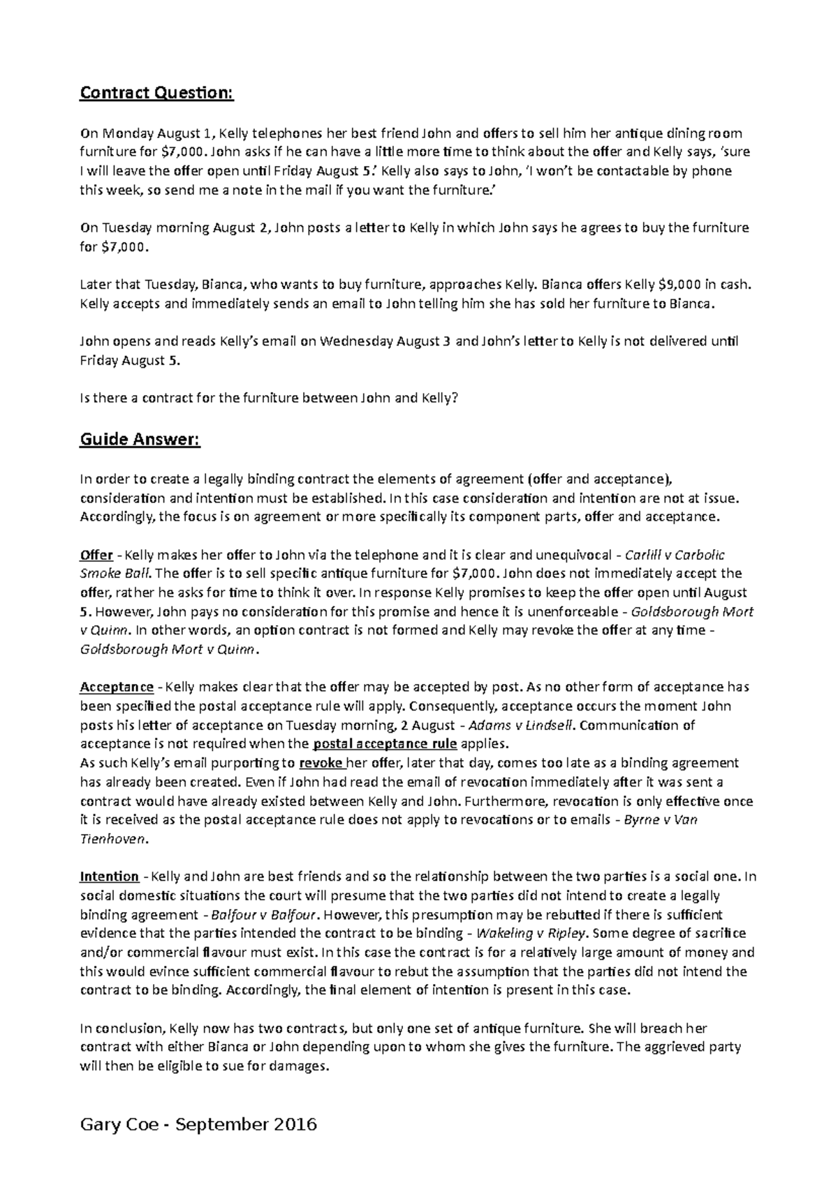 Contract example - Contract Question: On Monday August 1, Kelly ...