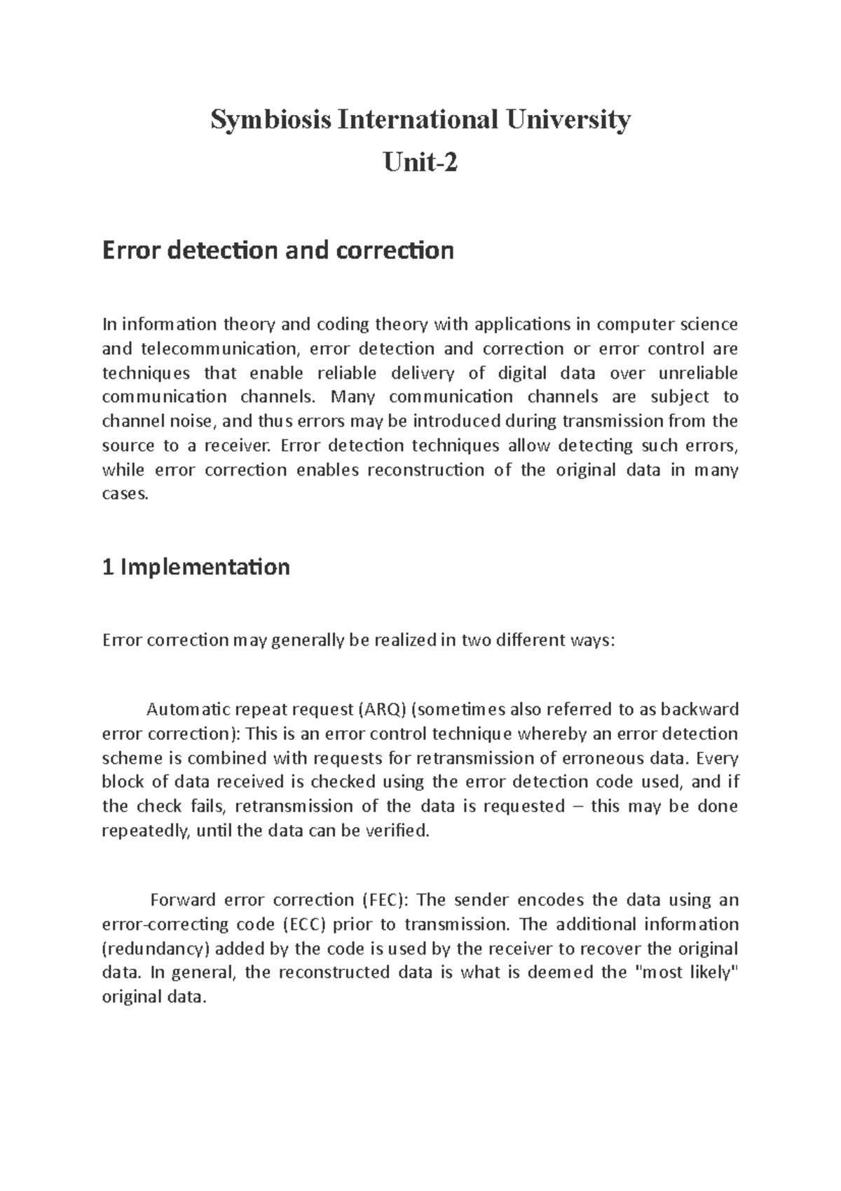 Unit 2 Error detection and correction - Symbiosis International University Unit- Error detection ...