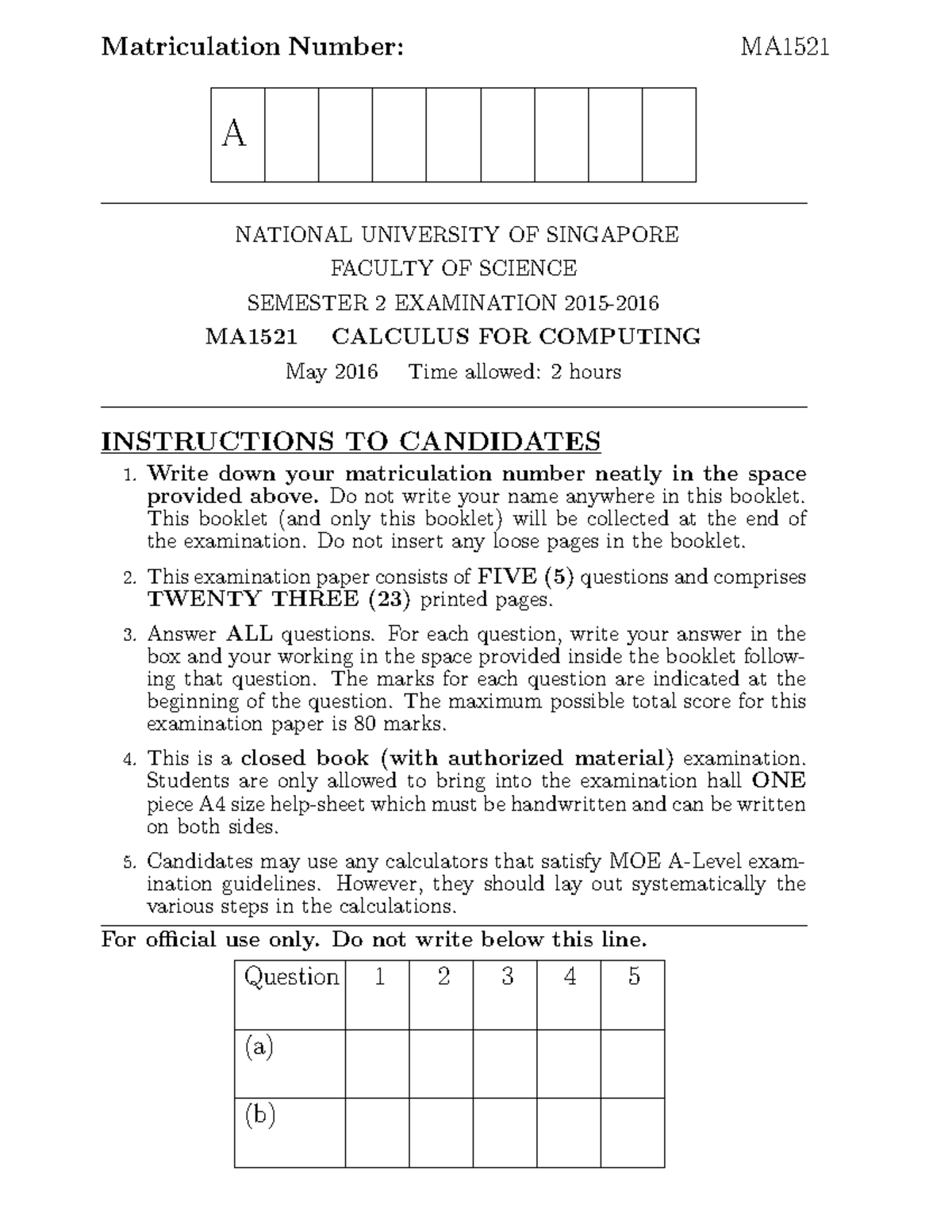 Exam May 2016, answers - Matriculation Number: MA A NATIONAL UNIVERSITY ...