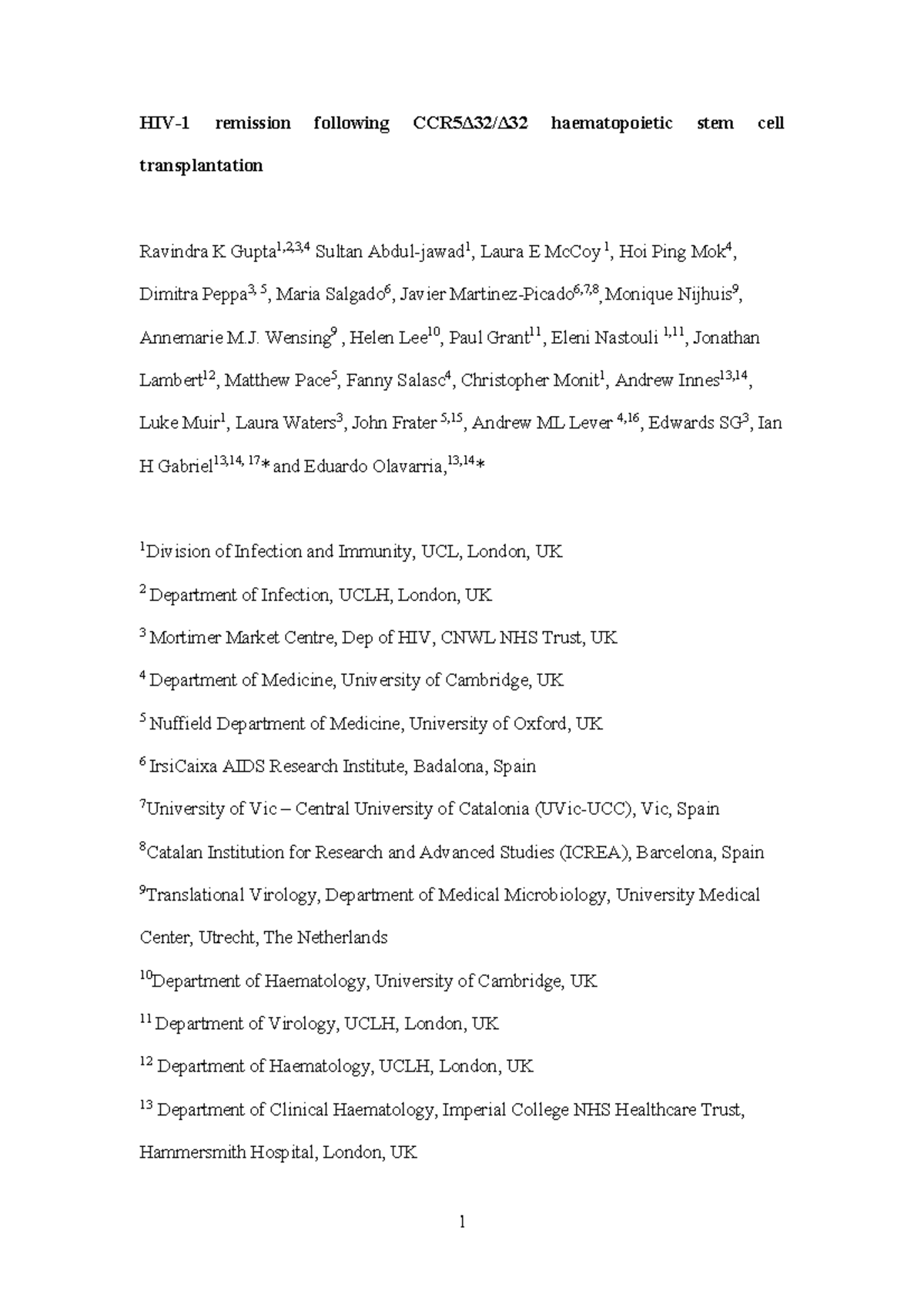 HIV1 remission following CCR532 32 haematopoietic stemcell transplantation - HIV- 1 remission ...