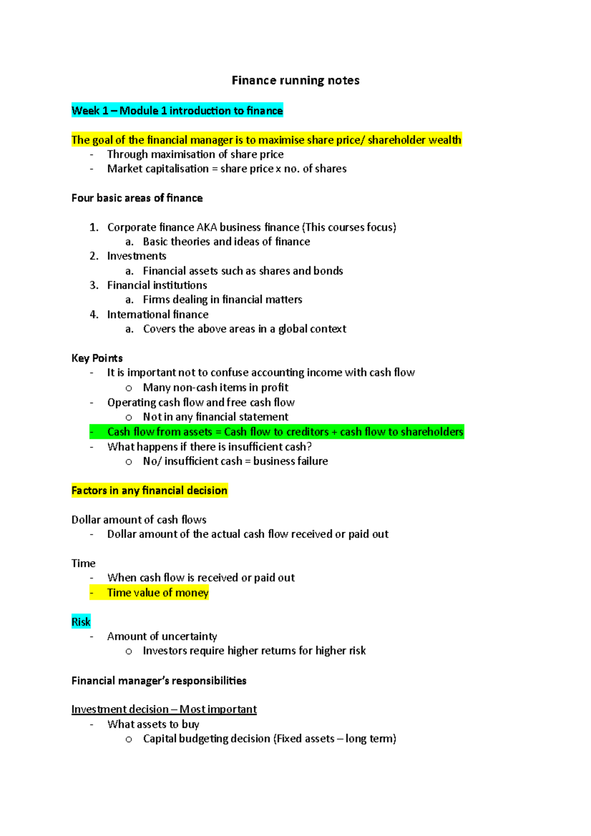 Finance running notes - Finance running notes Week 1 – Module 1 ...