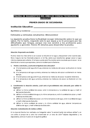 2do secundaria Prueba DE CTA - PRUEBA DE DIAGNÓSTICO DEL ÁREA DE ...