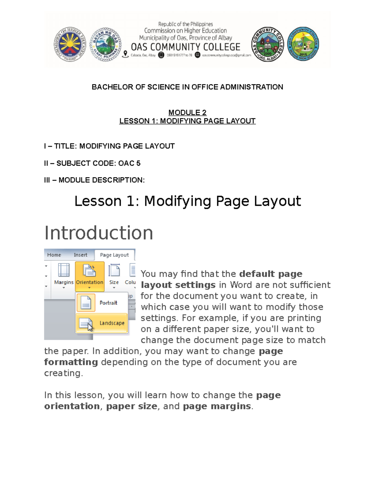 Module 2 Lesson 1 Integ - BACHELOR OF SCIENCE IN OFFICE ADMINISTRATION MODULE 2 LESSON 1 ...