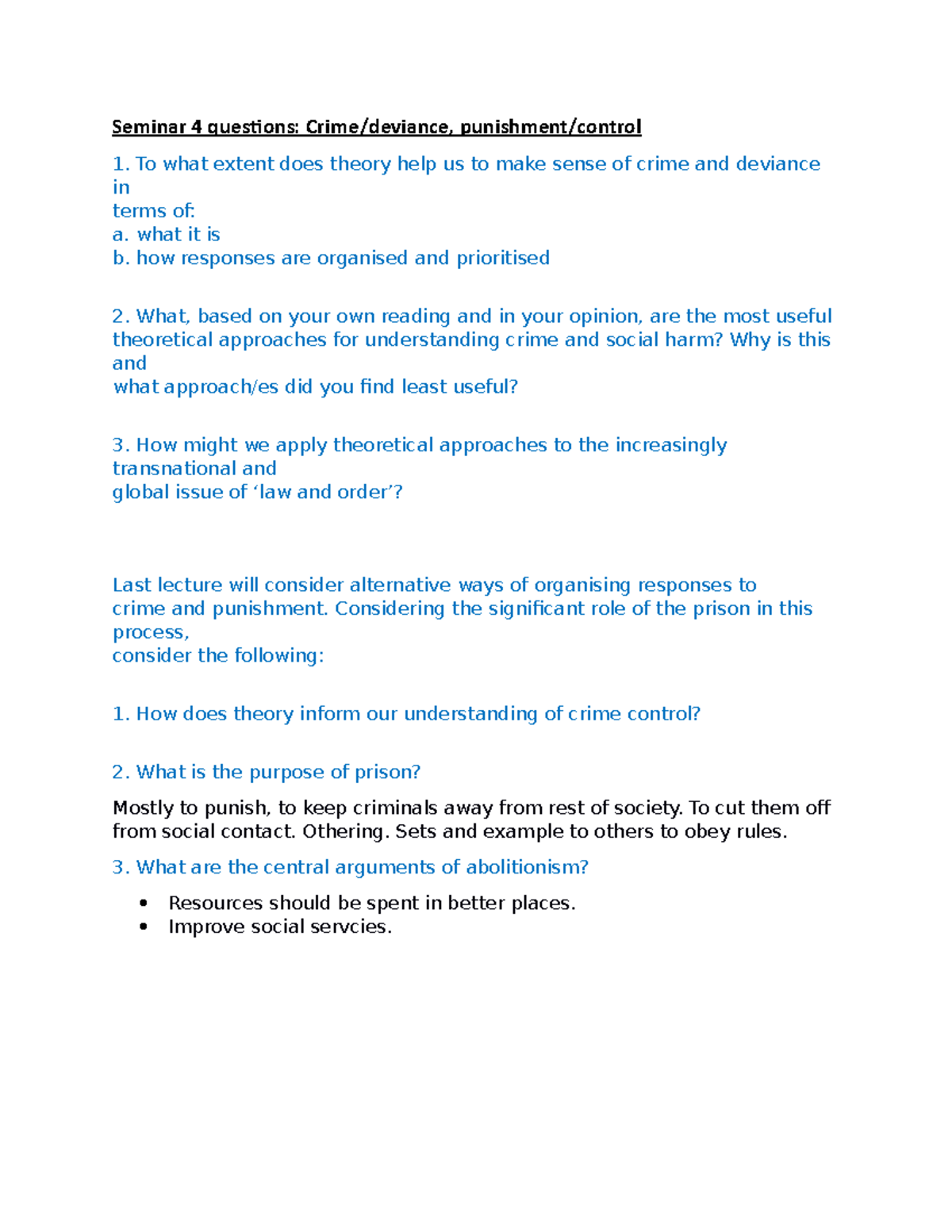 CRMU9T4 Seminar 4 - Seminar 4 questions: Crime/deviance, punishment ...