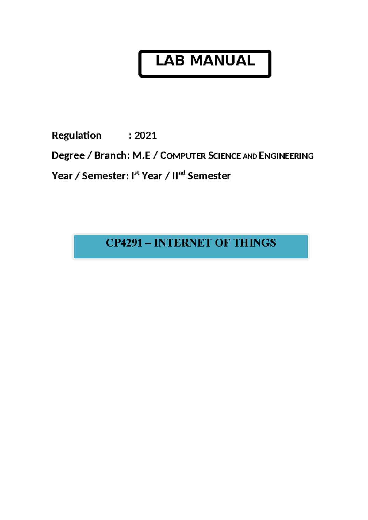 CP4291 Internet of Things Lab Record - Regulation : 2021 Degree ...