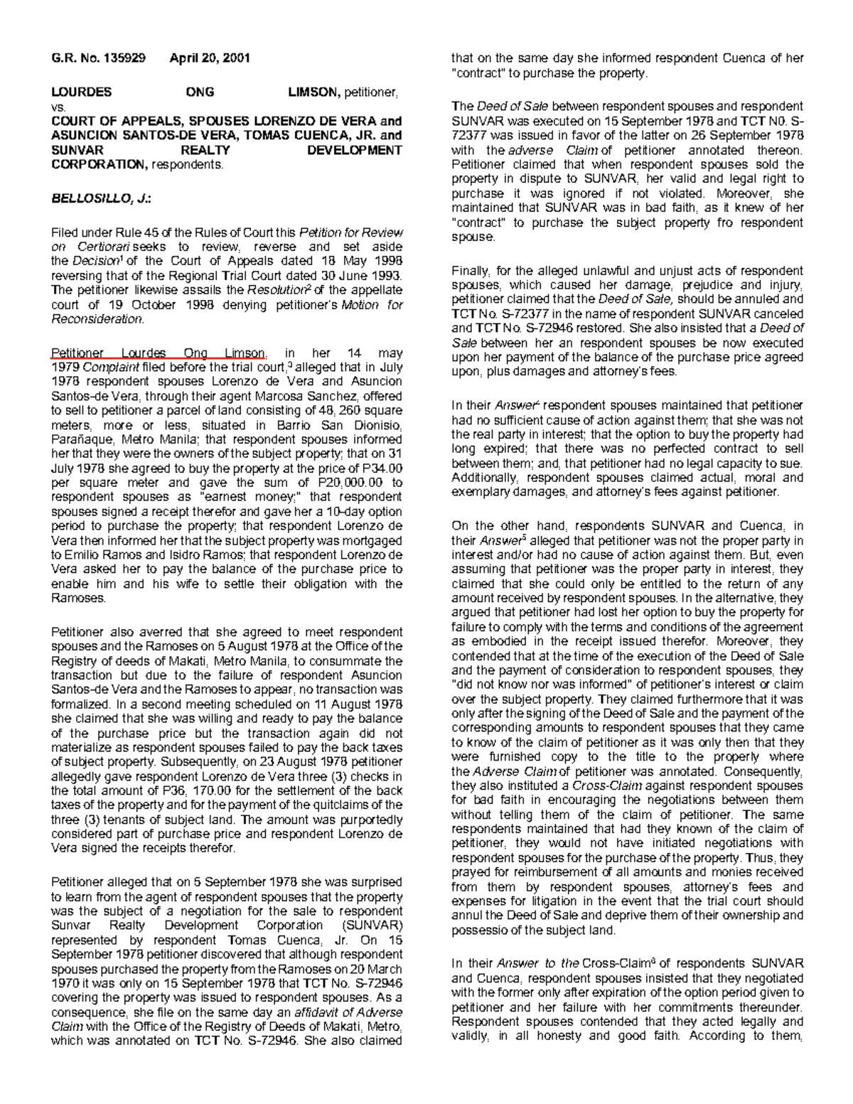 Limson V CA - G. No. 135929 April 20, 2001 LOURDES ONG LIMSON ...