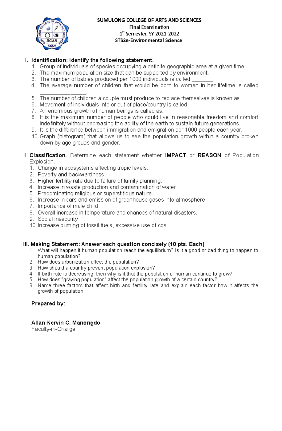 Final-Environmental Science with Answer Key - SUMULONG COLLEGE OF ARTS ...