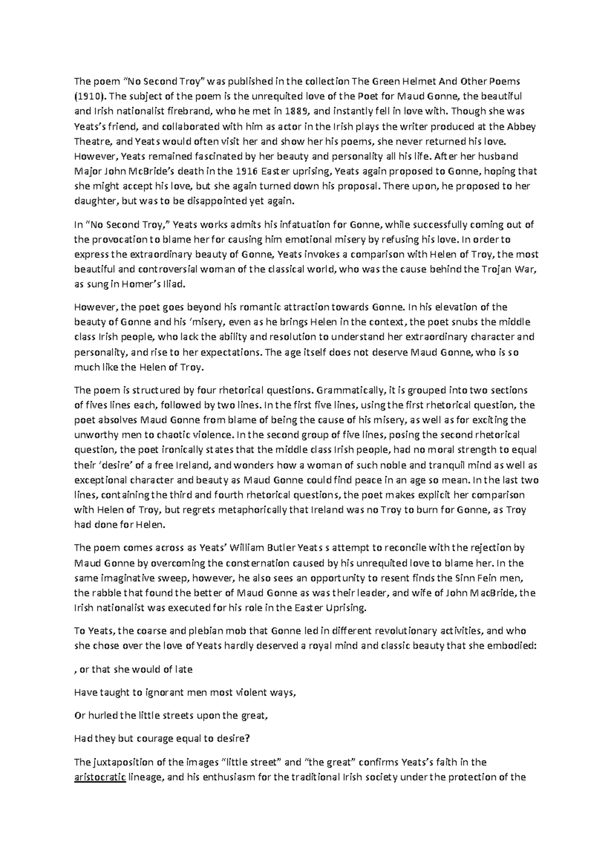 No Second Troy) - The poem “No Second Troy” was published in the ...