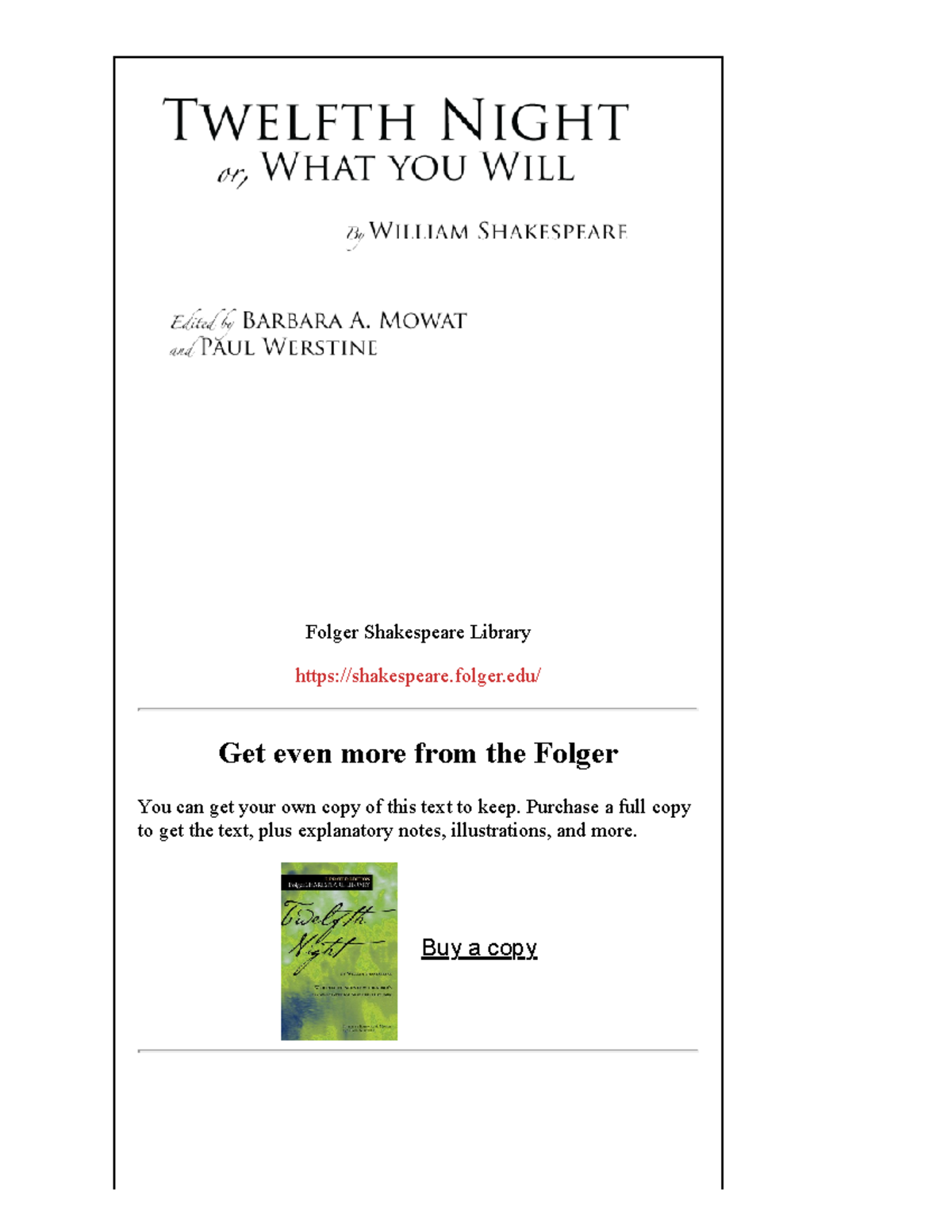 Shakespeare - Twelfth Night - Get even more from the Folger You can get ...