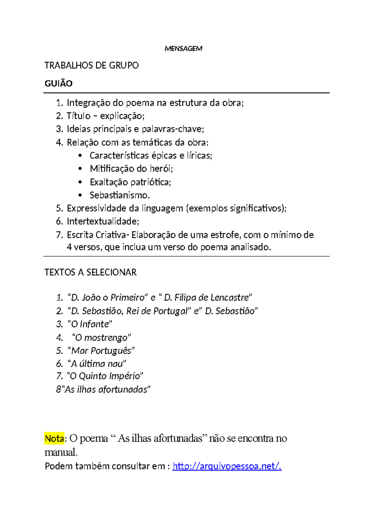 Guião Mensagem - MENSAGEM TRABALHOS DE GRUPO GUIÃO 1. Integração do ...