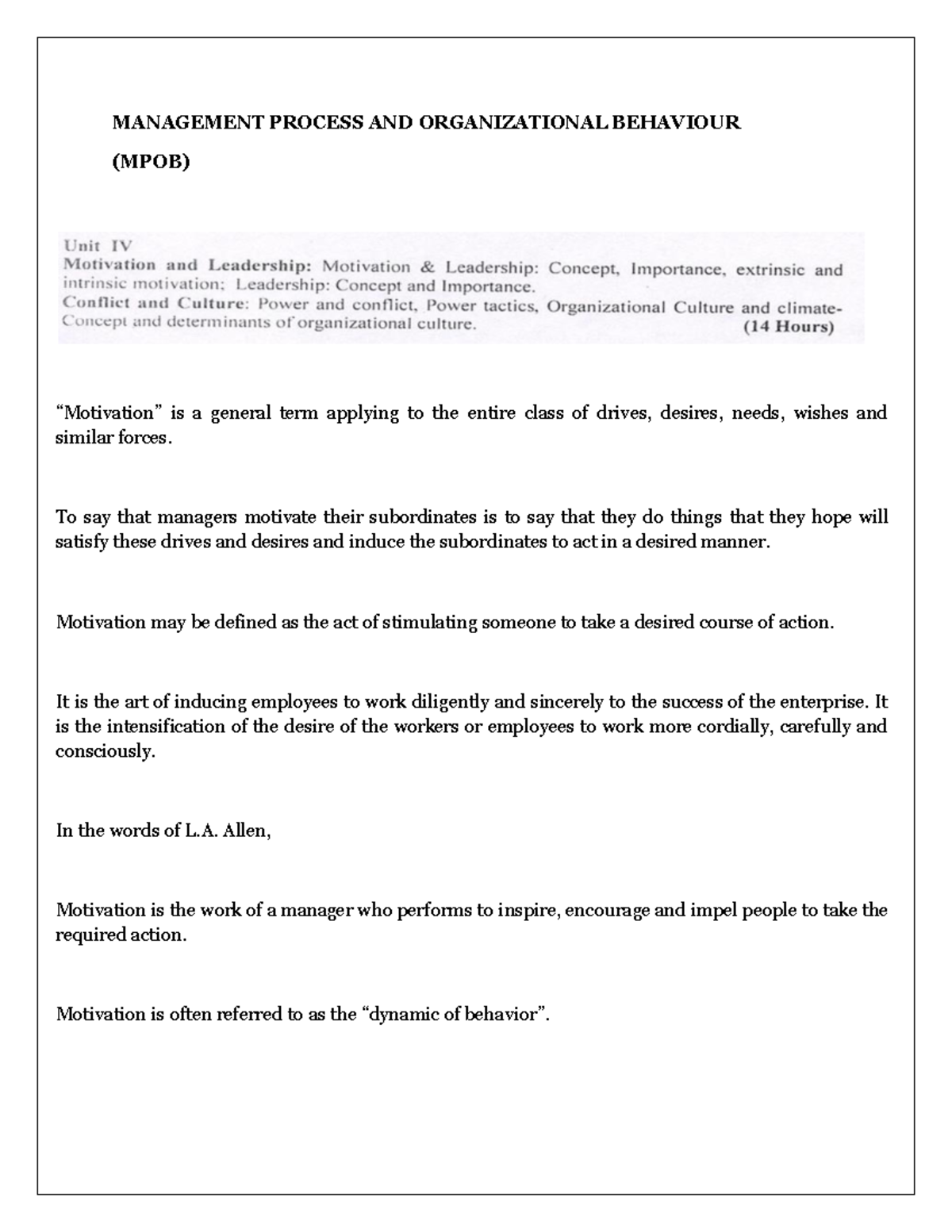 MPOB Unit 4 Notes - MANAGEMENT PROCESS AND ORGANIZATIONAL BEHAVIOUR ...