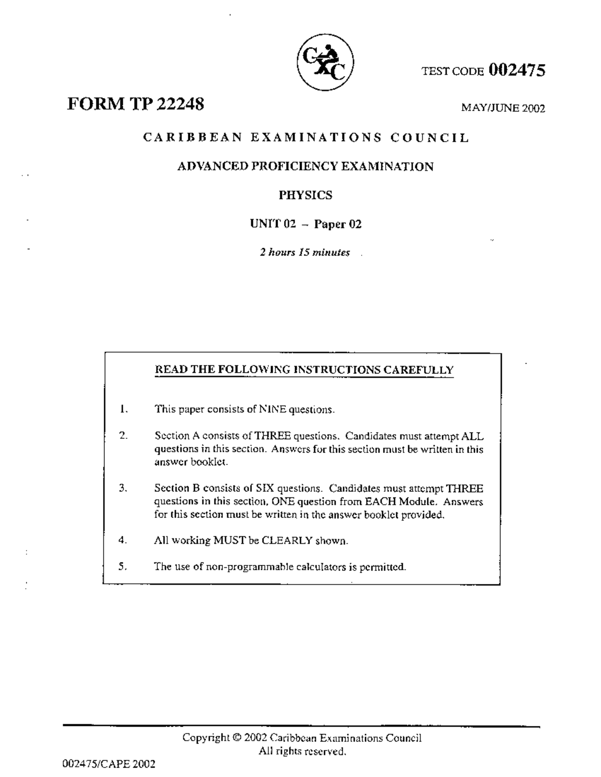 CAPE Physics 2002 U2 P2 - Past paper - FORIVI TP 22248 TESTCODE00247 5 ...