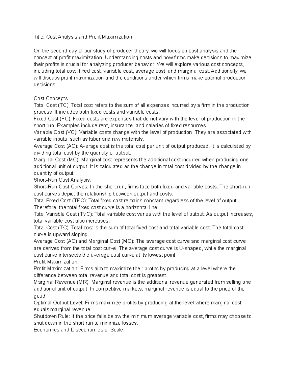 Intermicro Producer Theory D2 - Title: Cost Analysis and Profit ...