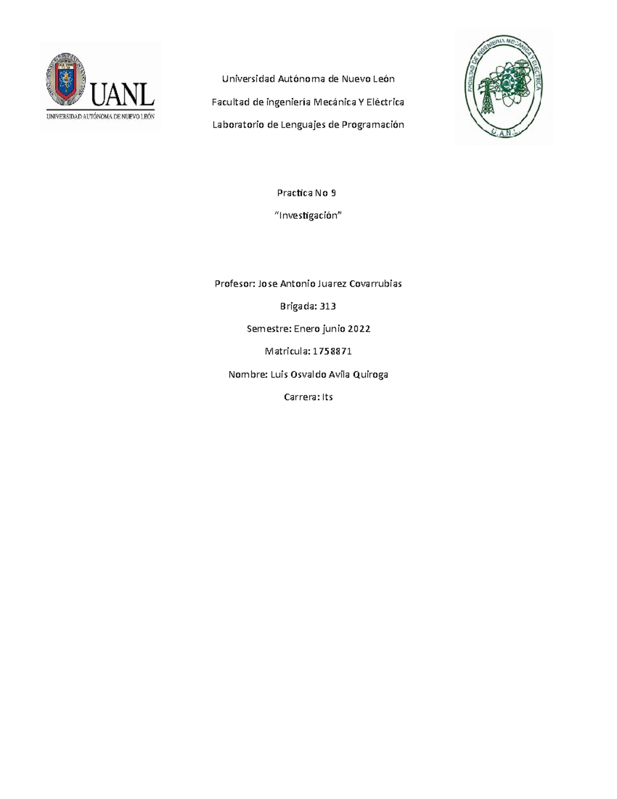 Practica 9 lenpro - Universidad Autónoma de Nuevo León Facultad de ingeniería Mecánica Y ...