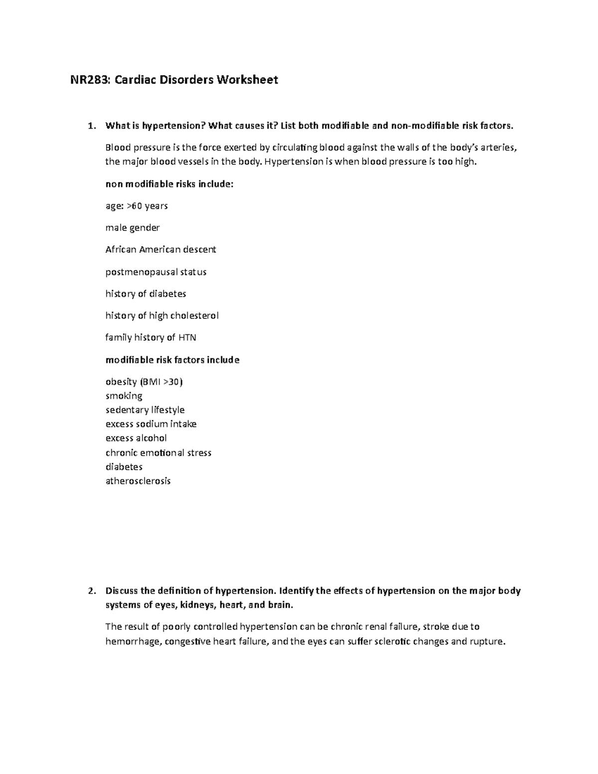Ch 12 Cardiac Disorders Worksheet - NR283: Cardiac Disorders Worksheet ...