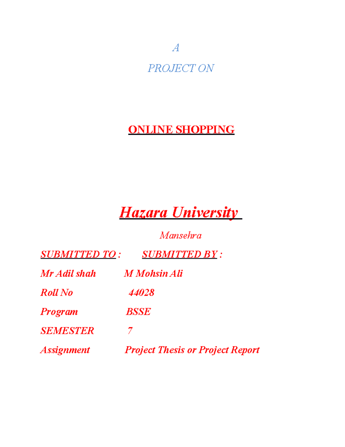 Shopping Porject report - A PROJECT ON ONLINE SHOPPING Hazara ...