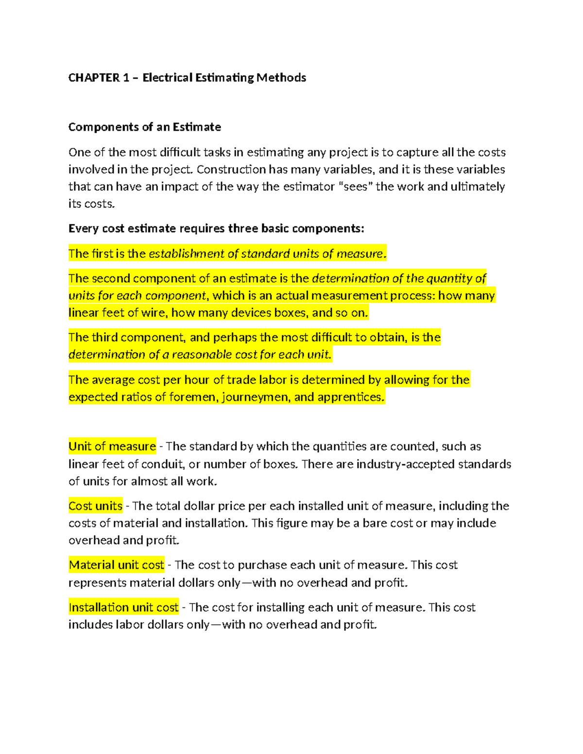 ELC 223 Midterms Reviewer - CHAPTER 1 – Electrical Estimating Methods ...