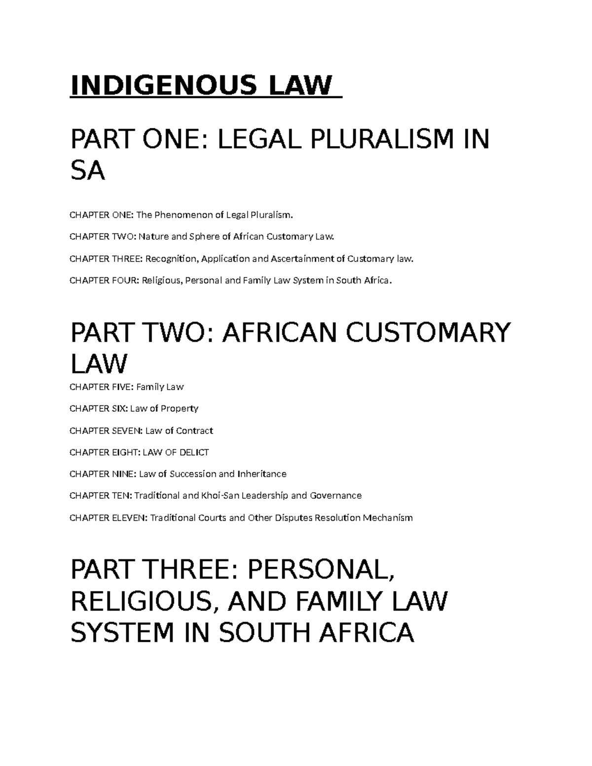 Indigenous LAW Content - INDIGENOUS LAW PART ONE: LEGAL PLURALISM IN SA ...