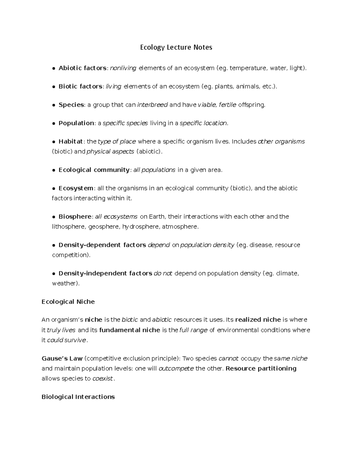 Ecology Lecture Notes - temperature, water, light). Biotic factors ...