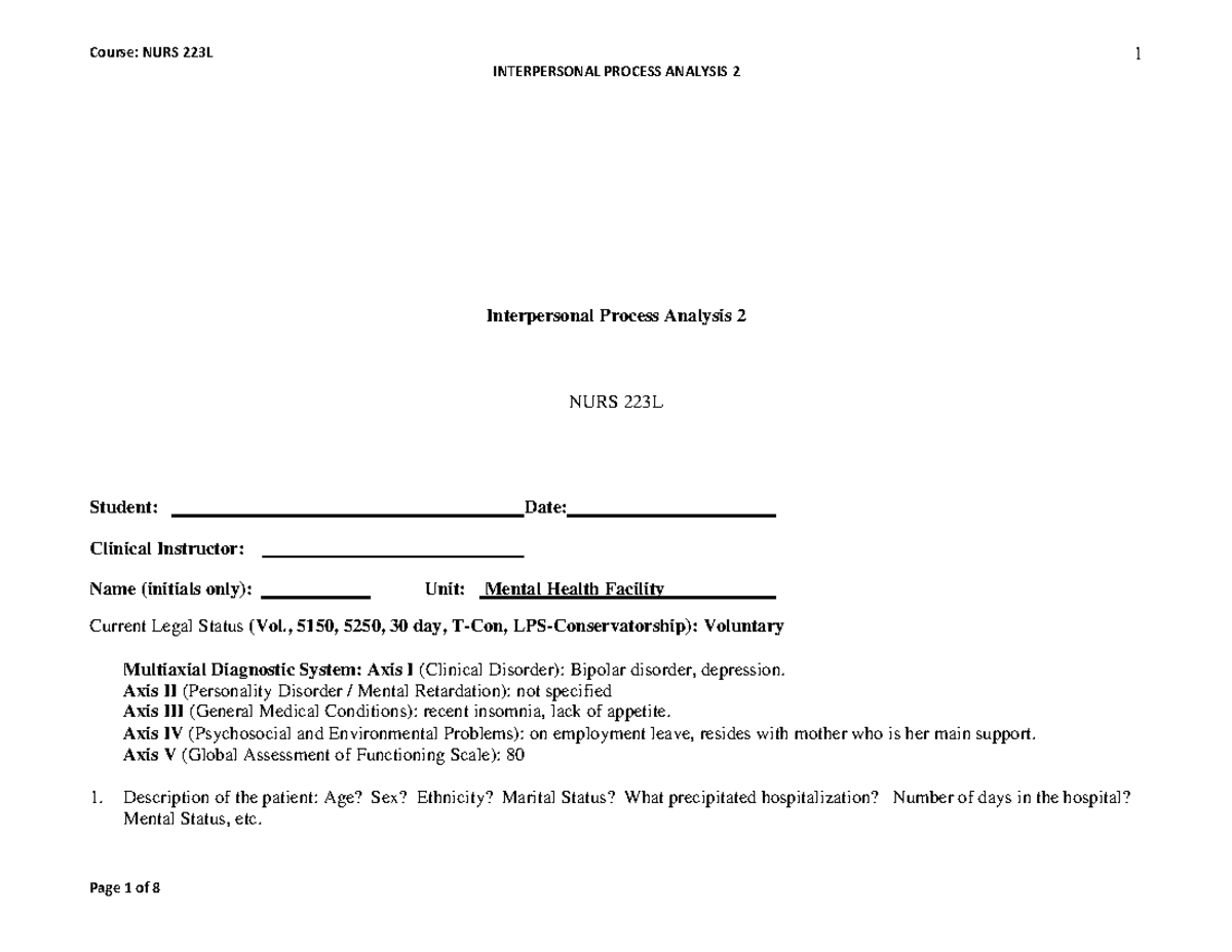 Interpersonal Process analysis - , 5150, 5250, 30 day, T-Con, LPS ...