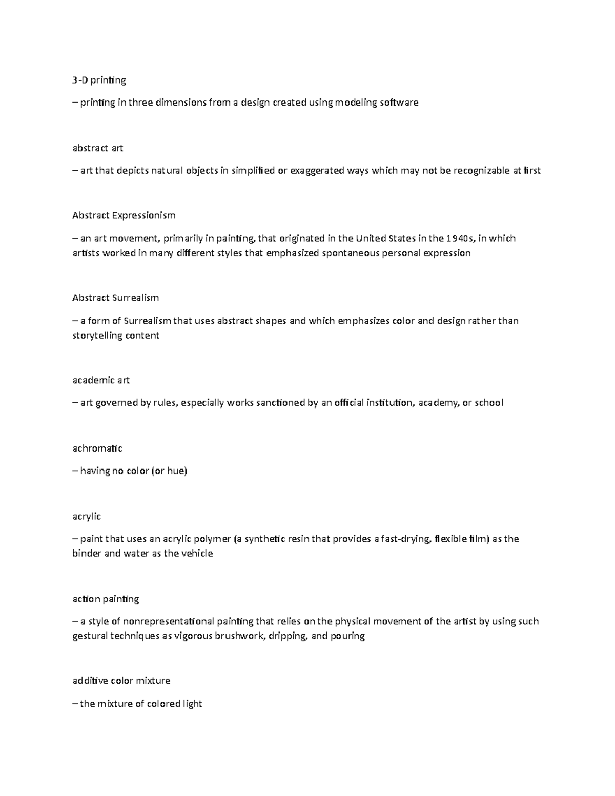 Art appreciation vocabulary - 3-D printing– printing in three ...