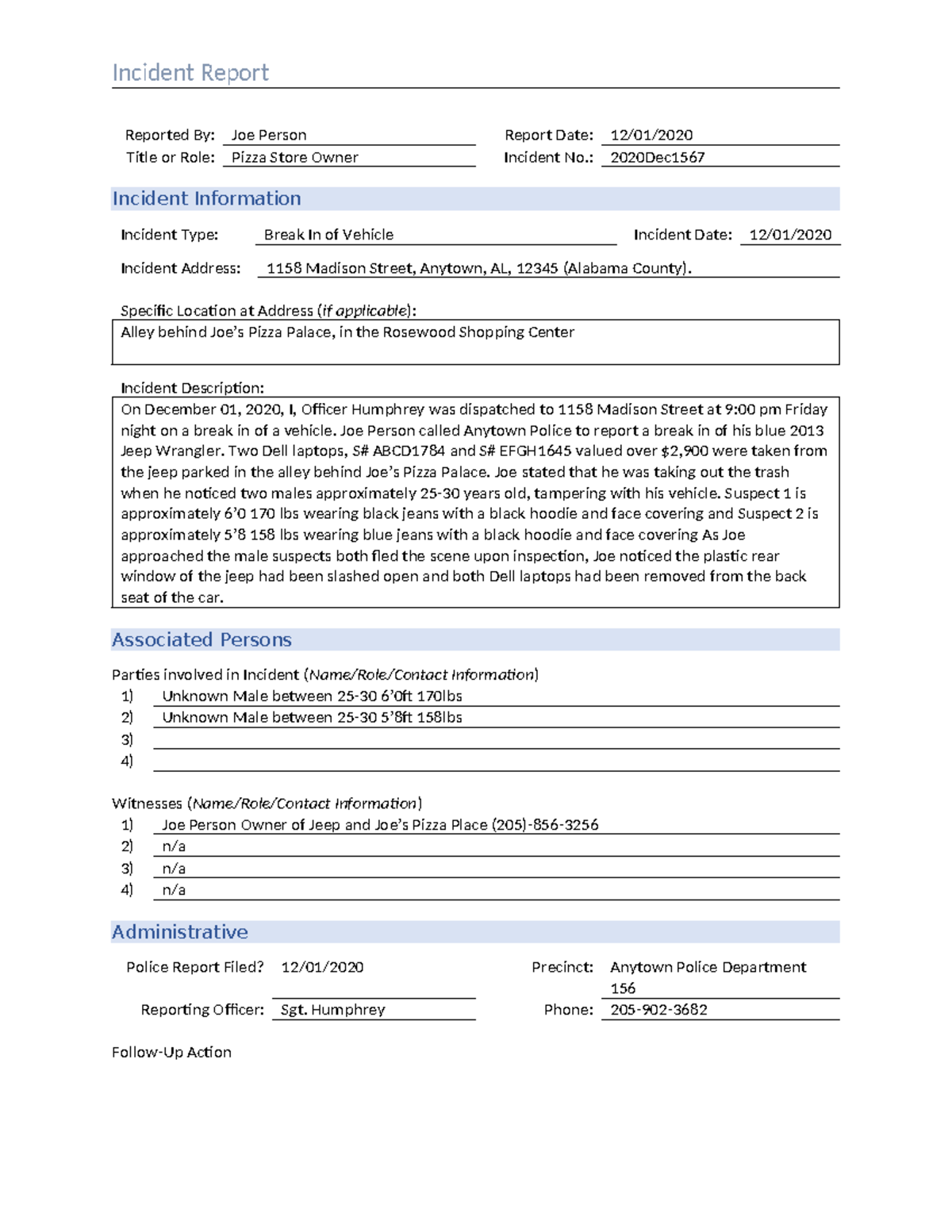 Cf incident-report template Gates 09062024 - CRJ 180 - Strayer - Studocu