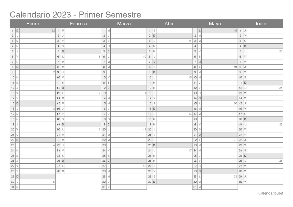 Calendario 2023 semestral num semana - Calendario 2023 - Primer ...